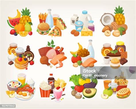종류에서 배열 하는 음식 아이콘의 집합입니다 과일과 야채 고기와 유제품 디저트 그리고 조반 음식 아침 식사에 대한 스톡 벡터 아트 및 기타 이미지 Istock