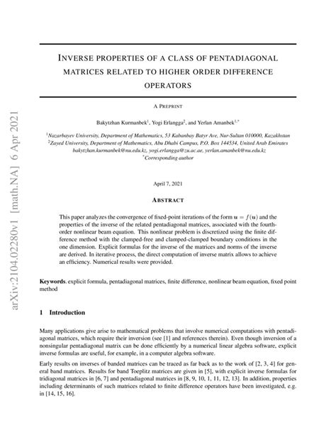 Inverse Properties Of A Class Of Pentadiagonal Matrices Related To