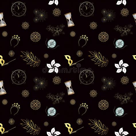 Cartoon Illustration Seamless Pattern Of Clock Hourglass And Gold