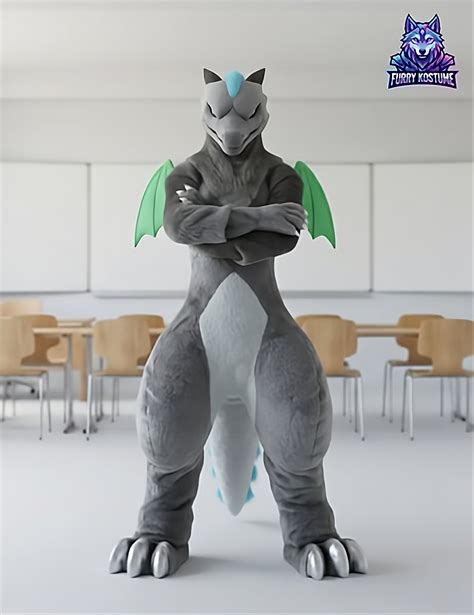 Grey Dragon Fursuit Costume With Green Wings Furry Kostumes