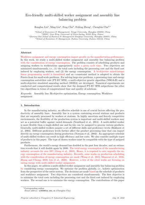 Pdf Eco Friendly Multi Skilled Worker Assignment And Assembly Line