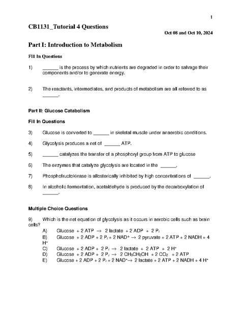Tutorial 5 1 Cb1131 Tutorial 4 Questions Oct 08 And Oct 10 202 4 Part I Introduction To