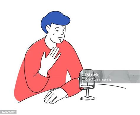 라디오 호스트 낙서 그리기입니다 마이크 마이크에 말하는 여성 팟 캐스터 사람들에 대한 스톡 벡터 아트 및 기타 이미지 사람들