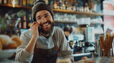 Smiling Busy Bartender Barista Shop Owner Assistant Barman Checking