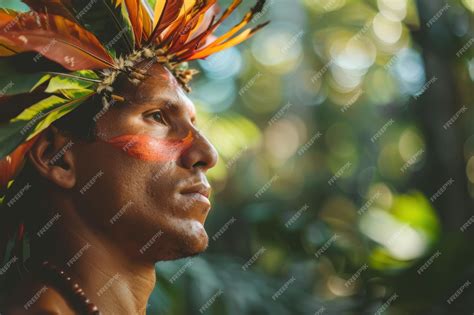 Premium Photo Indigenous Man With Feather Crown Jungle Blurred Nature