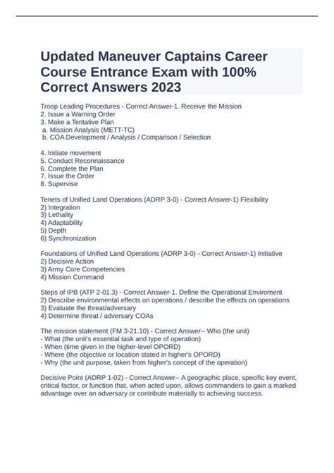 Updated Maneuver Captains Career Course Entrance Exam With 100 Correct Answers Captains