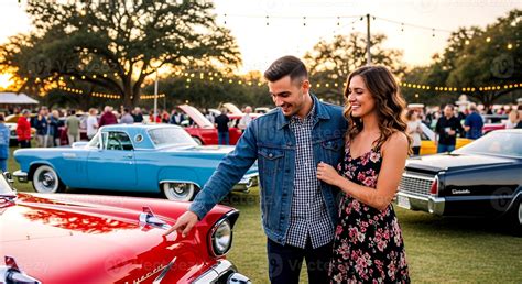 Young Couple Admiring Vintage Cars At An Outdoor Show 70587078 Stock