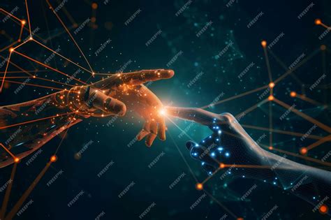 Ai Machine Learning Hands Of Robot And Human Touching On Big Data Network Connection Background