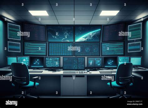 Empty Interior Of Big Modern Security System Control Room Workstation With Multiple Displays