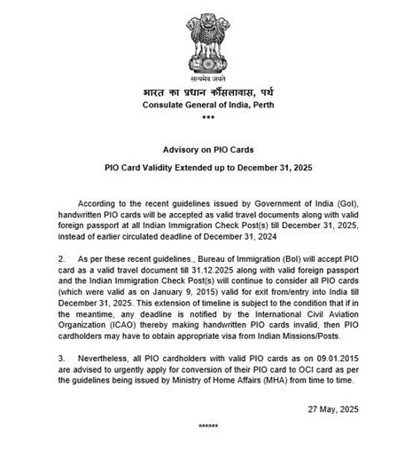 India Advisory On Pio Cards Pio Card Validity Extended Up To