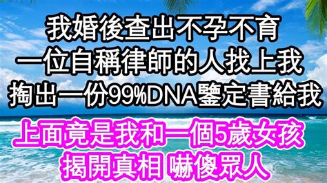 婚後，我竟被診斷為不孕不育。然而，一位自稱律師的人突然找上門，拿出一份99匹配的dna鑒定書，竟然顯示我和一個5歲女孩有血緣關係。這個驚人的