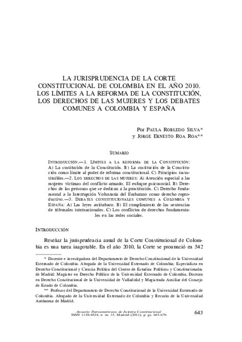 Pdf La Jurisprudencia De La Corte Constitucional De Colombia En El