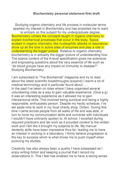 Biochem Personal Statement 12222222222222222222 Biochemistry Personal Statement First Draft