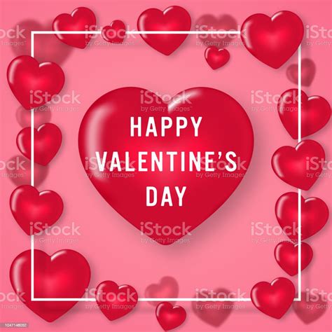 화이트에 레드 핑크 하트 풍선 사랑과 행복 한 발렌타인의 날 개념으로 카드 디자인에 대 한 프레임 배경 광장 벡터 일러스트입니다