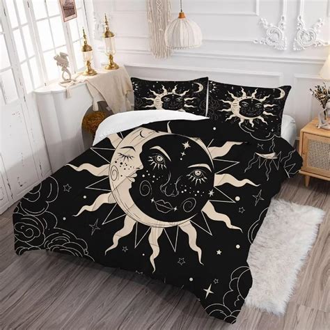 Kxry Juego De Edredón Queen Con Sol Y Luna Negro Para Niñas Mujeres Y