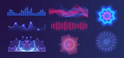 진폭 또는 오디오 범위 효과의 그래픽 파란색 배경에 격리 된 음파 차트 음파 이퀄라이저 주파수 오디오 파형 음악 파형 미래 스타일의 음성 그래프 신호 벡터 그래프에 대한