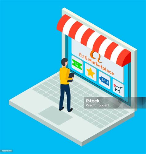 온라인 상점 아이소메트릭 3d 노트북 웹 사이트에서 제품을 선택하는 고객 B2b 마켓 플레이스 3차원 형태에 대한 스톡 벡터