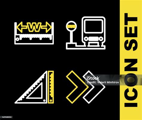 라인 버스 정류장 화살표 삼각형 눈금자 및 높이 및 길이 측정 아이콘을 설정합니다 벡터 개념에 대한 스톡 벡터 아트 및 기타 이미지 Istock