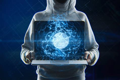 Hacker Holding Laptop With Glowing Blue Linear Sphere On Blurry