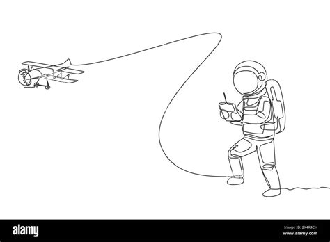 Single Continuous Line Drawing Of Astronaut Playing Airplane Radio Control In Moon Surface