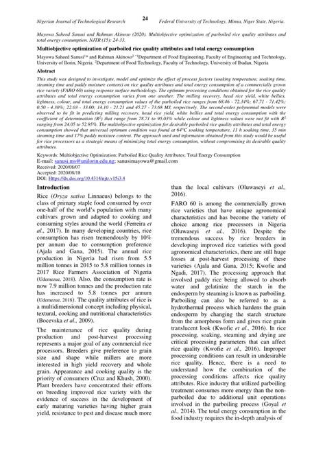Pdf Multiobjective Optimization Of Parboiled Rice Quality Attributes And Total Energy Consumption