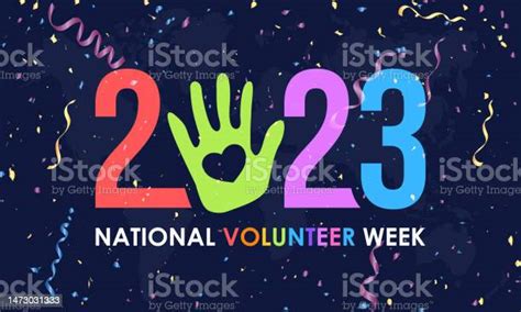 2023년 개념 전국 자원 봉사자 주간 자원 봉사자 커뮤니티 인식 배너 또는 파란색 배경에 화려한 색종이와 리본 디자인이 있는 템플릿 4 월에 관찰 4월에 대한 스톡 벡터