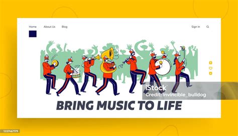 오케스트라 3 월 퍼레이드 방문 페이지 템플릿입니다 트롬본 탬버린 드럼 악기를 연주하는 축제 제복을 입은 오케스트라 캐릭터 또는 공개 행사 중 선형 사람 벡터 일러스트레이션