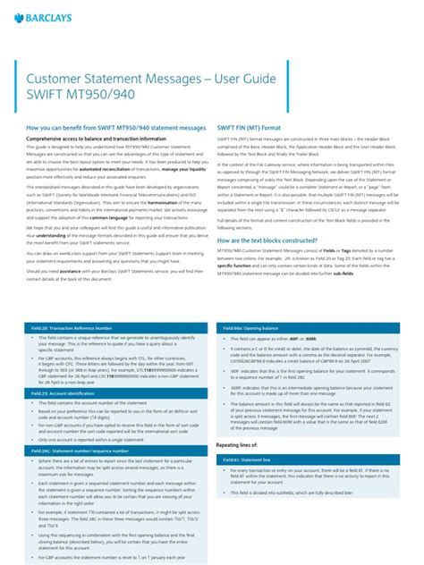 Swift Mt940 And Mt950 Statements Customer Service Guide Pdf Debits And Credits Financial