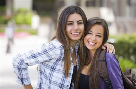 Happy Same Sex Mixed Race Couple On Babe Campus With Okay Sign Stock Image Image Of Girl