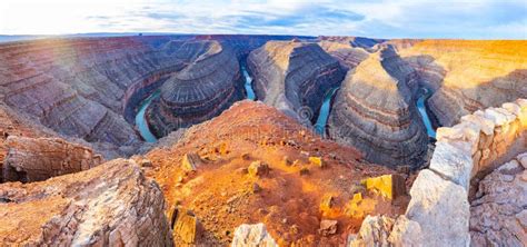 Panoramic Goosenecks River Bend At Sunrise In Goosenecks State Park
