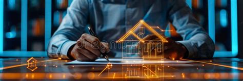 Real Estate Agent Signing Contract Holographic House Projection Stock Illustration