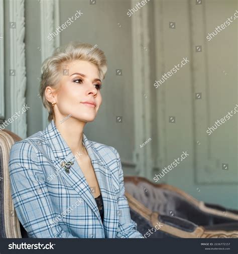 Beautiful Blonde Short Haired Woman Blue Stock Photo Shutterstock