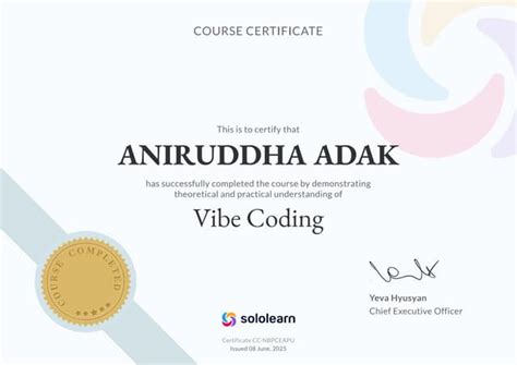 vibe coding sololearn certificate of achievement aniruddha adak pdf