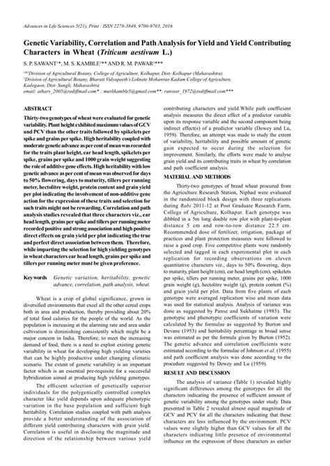 pdf genetic variability correlation and path analysis for yield and