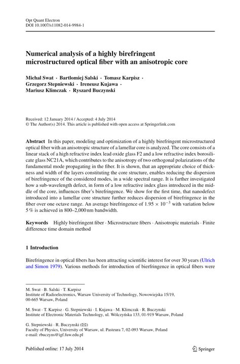 Pdf Numerical Analysis Of A Highly Birefringent Microstructured Optical Fiber With An