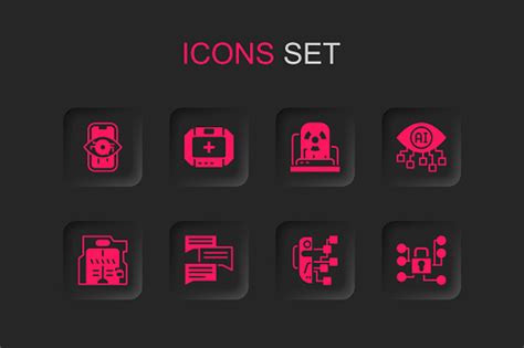 말풍선 채팅 구급 상자 컴퓨터 비전 휴머노이드 로봇 사이버 보안 방사능 경고등 및 미래형 슬라이딩 도어 아이콘을 설정합니다 벡터 Brand Name Online