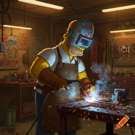 Homer Simpson In A Welding Mask And Apron Welding Metal In A Cluttered
