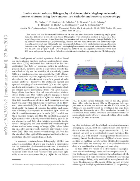 Pdf In Situ Electron Beam Lithography Of Deterministic Single Quantum Dot Mesa Structures