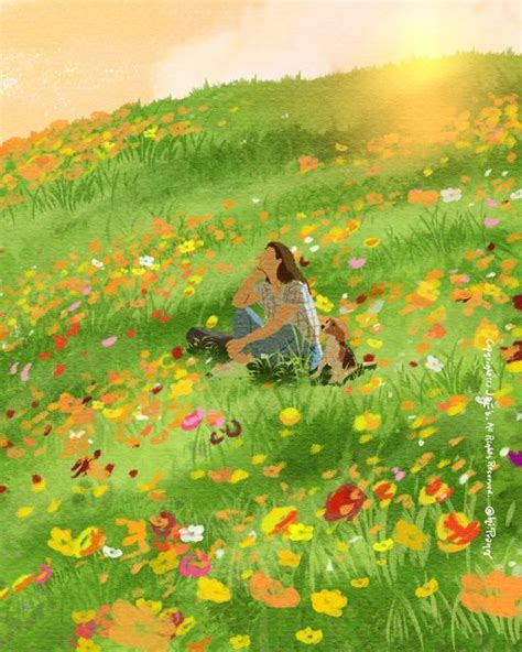 Hi Prong On Instagram 노란물결 가득한 무대 그림스타그램 일러스트 일러스트레이터 삽화 포스터 가을 노란꽃 노을 해질녘 풍경