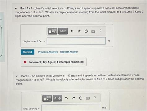 solved part a an object s initial velocity is 1 47 m s and