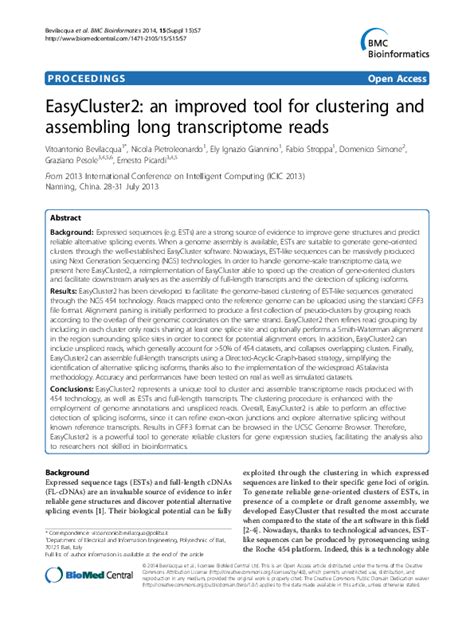 Pdf Easycluster2 An Improved Tool For Clustering And Assembling Long Transcriptome Reads