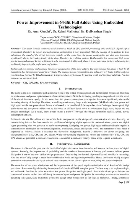 Pdf Power Improvement In 64 Bit Full Adder Using Embedded Technologies