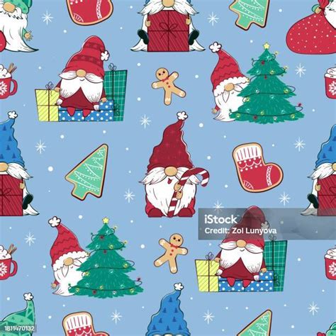 파란색 배경에 진저 브레드 쿠키와 선물이 있는 재미 있는 난쟁이 요정이 있는 완벽한 패턴입니다 인쇄 가능한 휴일 만화 캐릭터 새해 장식 12월에 대한 스톡 벡터 아트 및