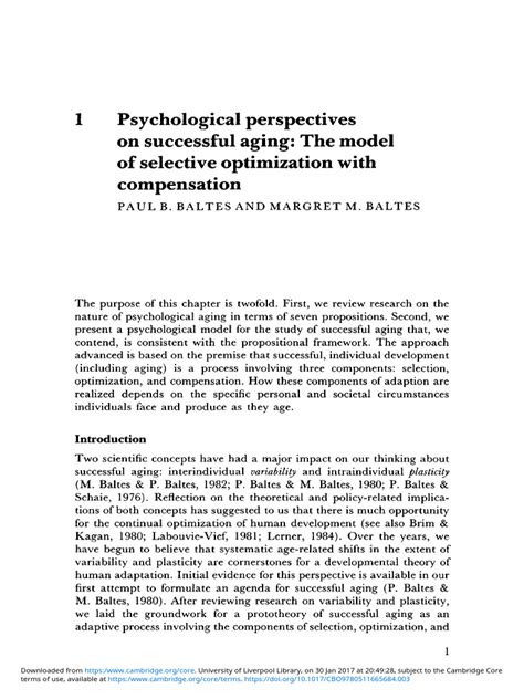 Psychological Perspectives On Successful Aging The Model Of Sele Paul B Baltes And Margret M