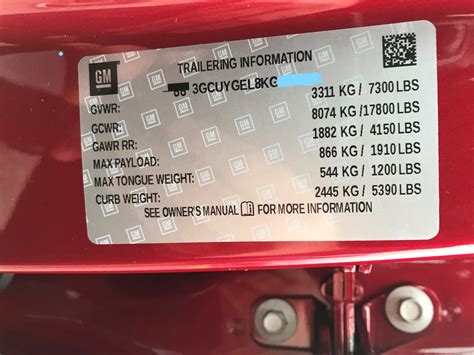 Payload Sticker On Door Jamb For 2020 Sierra Denali 62l With Ultimate