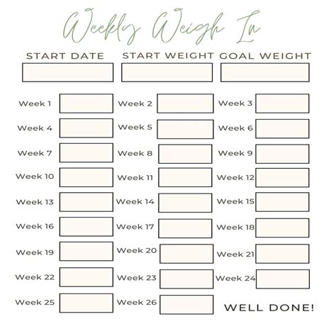 Weekly Weigh In Printable Colorful Weight Loss Tracker 6 Mo Chart