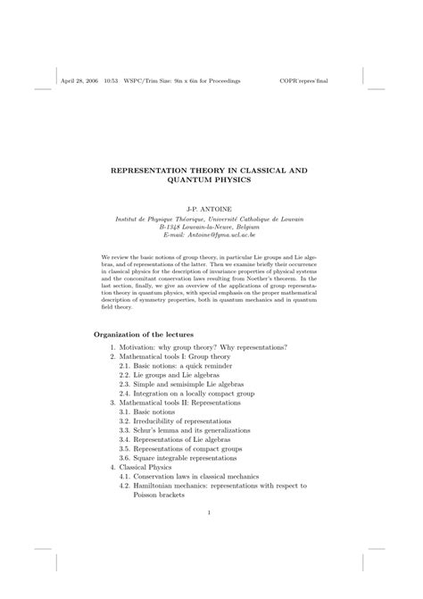 Pdf Representation Theory In Classical And Quantum Physics