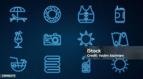 세트 라인 태양 고무 오리발 구명 조끼 사진 카메라 칵테일 및 알코올 음료 선베드 우산 수영 반지 아이콘 벡터 공기 주입에 대한 스톡 벡터 아트 및 기타 이미지 Istock