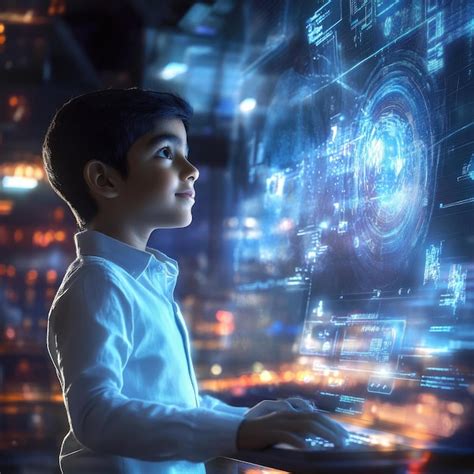 Young Boy Looks In Awe At A Computer Screen Displaying Complex