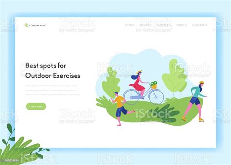 건강 한 라이프 스타일 스포츠 사람들 방문 페이지 템플릿입니다 남자와 여자 캐릭터 승마 자전거 스키 웹 사이트 웹 페이지